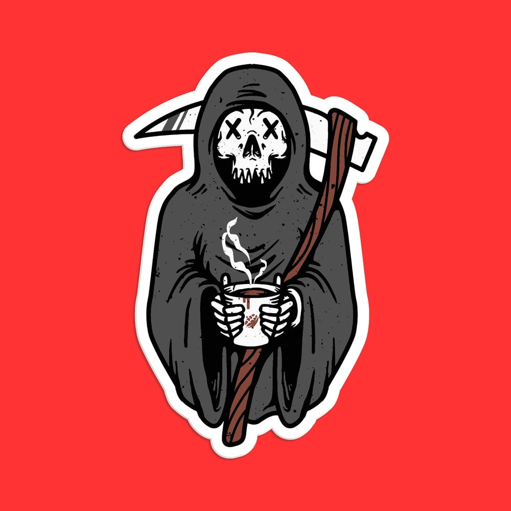 DOPASTICKER Grim Reaper Drinking Coffee Sticker, Grim Reaper With ...