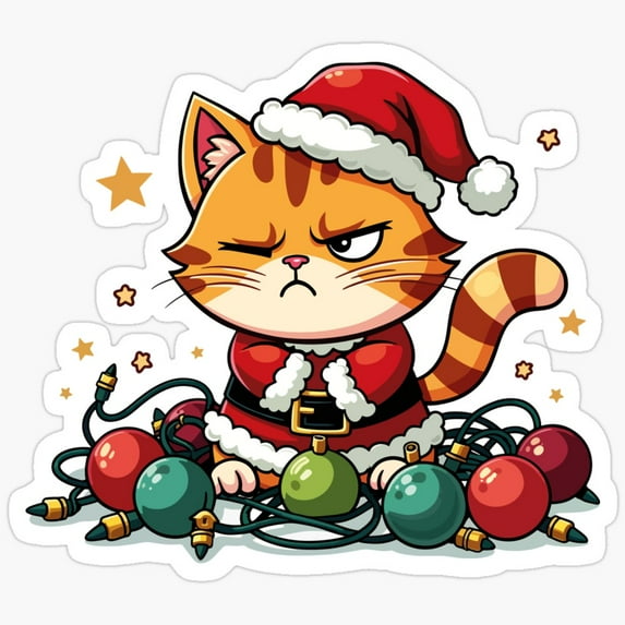 DOPASTICKER Grumpy Chris.Tmas Cat With Baubles, Cat Chris.Tmas Sticker ...