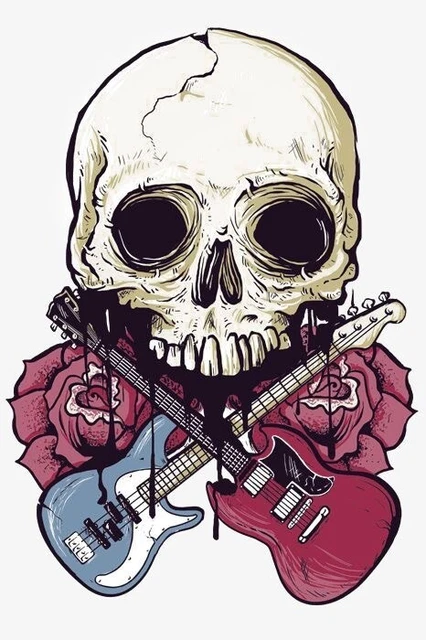 DOPASTICKER Guitar Music Skull Rock Roll Jam Band Blue Red Roses Dead ...
