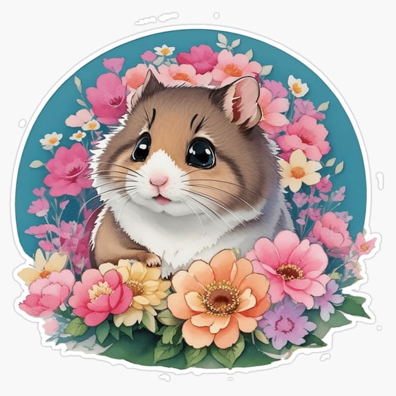 DOPASTICKER Hamster With Watercolor Flowers Sticker Three Sticker ...