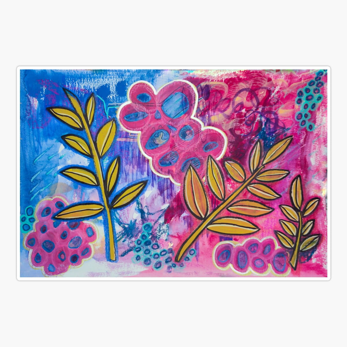 DOPASTICKER Hand-Painted Pink And Blue Wild Botanical Abstract Sticker ...