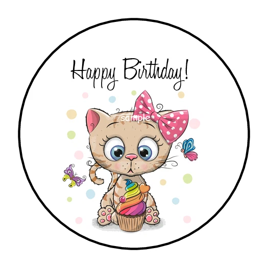 DOPASTICKER Happy Birthday Kitten Stickers Cupcake Favor Phone Decal ...