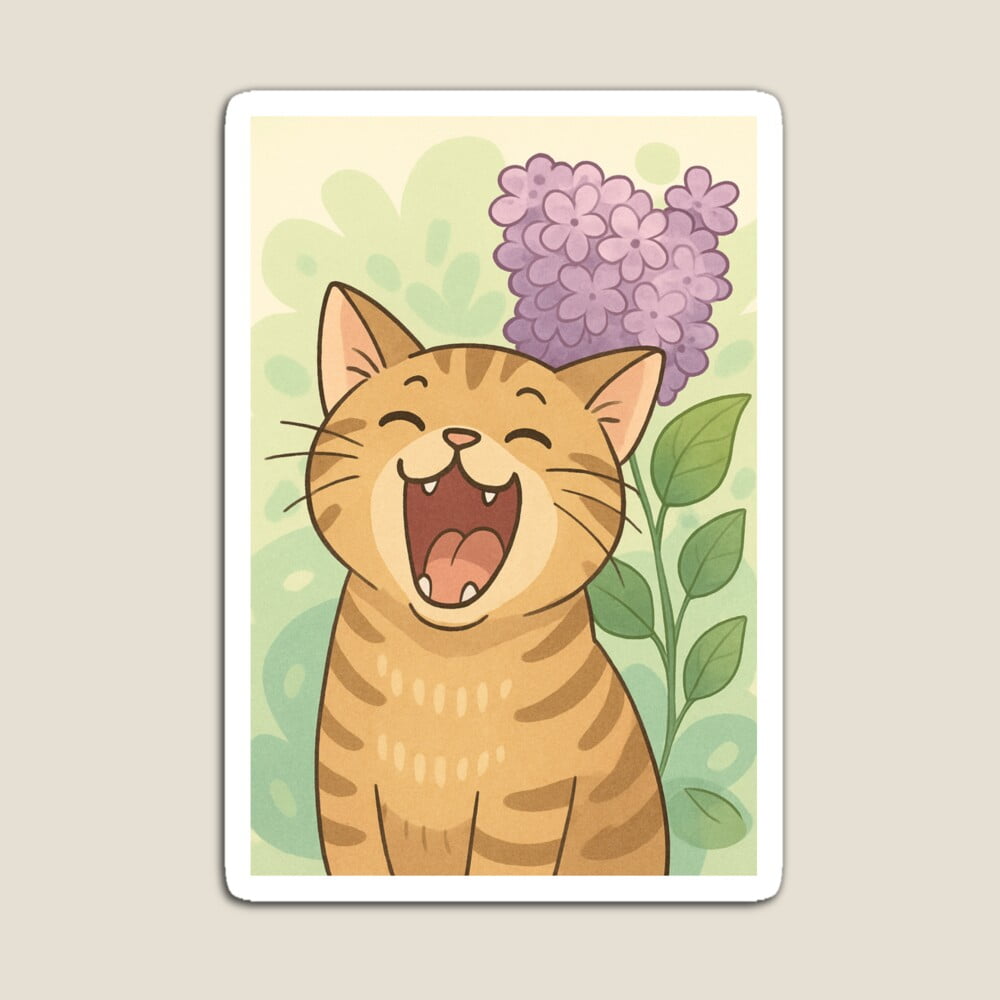 DOPASTICKER Happy Yawning Cat With Lilacs Cute Whimsical Illustration ...