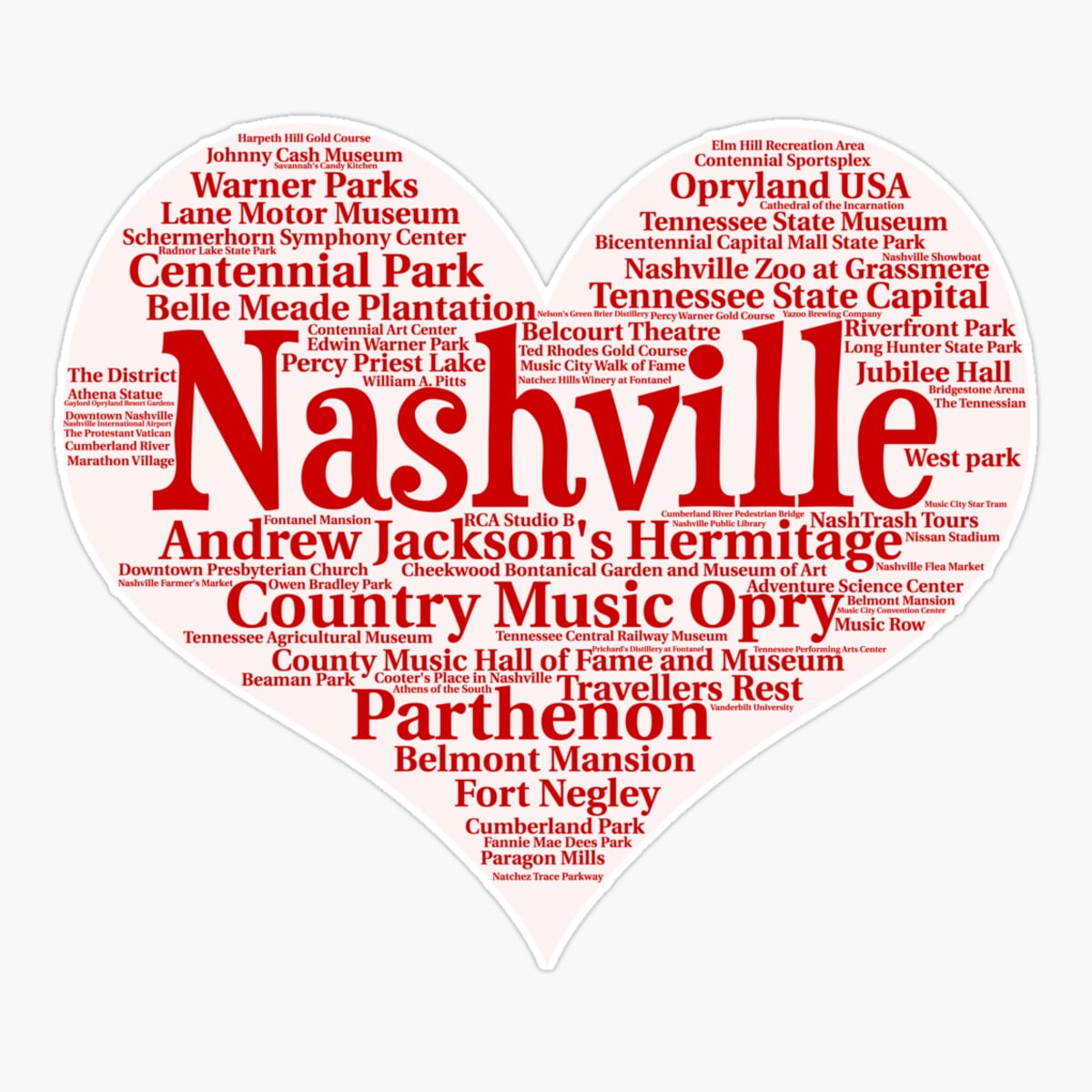 DOPASTICKER Heart Of Nashville Red Heart Word Cloud Products Sticker ...