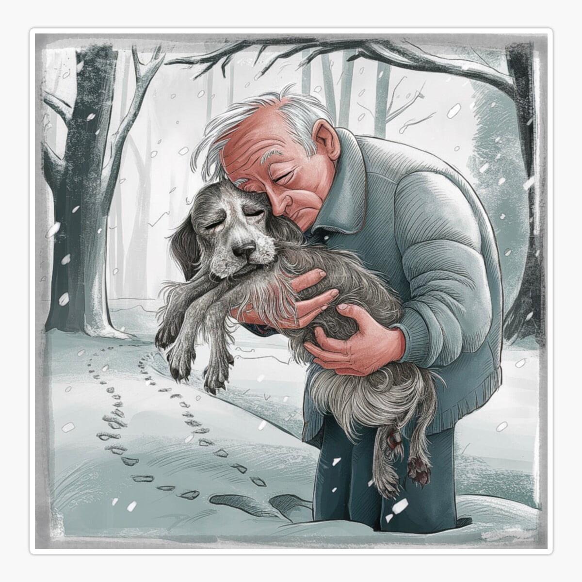 DOPASTICKER Heartfelt Winter Hug - Elderly Man With Dog In Snowy Forest ...