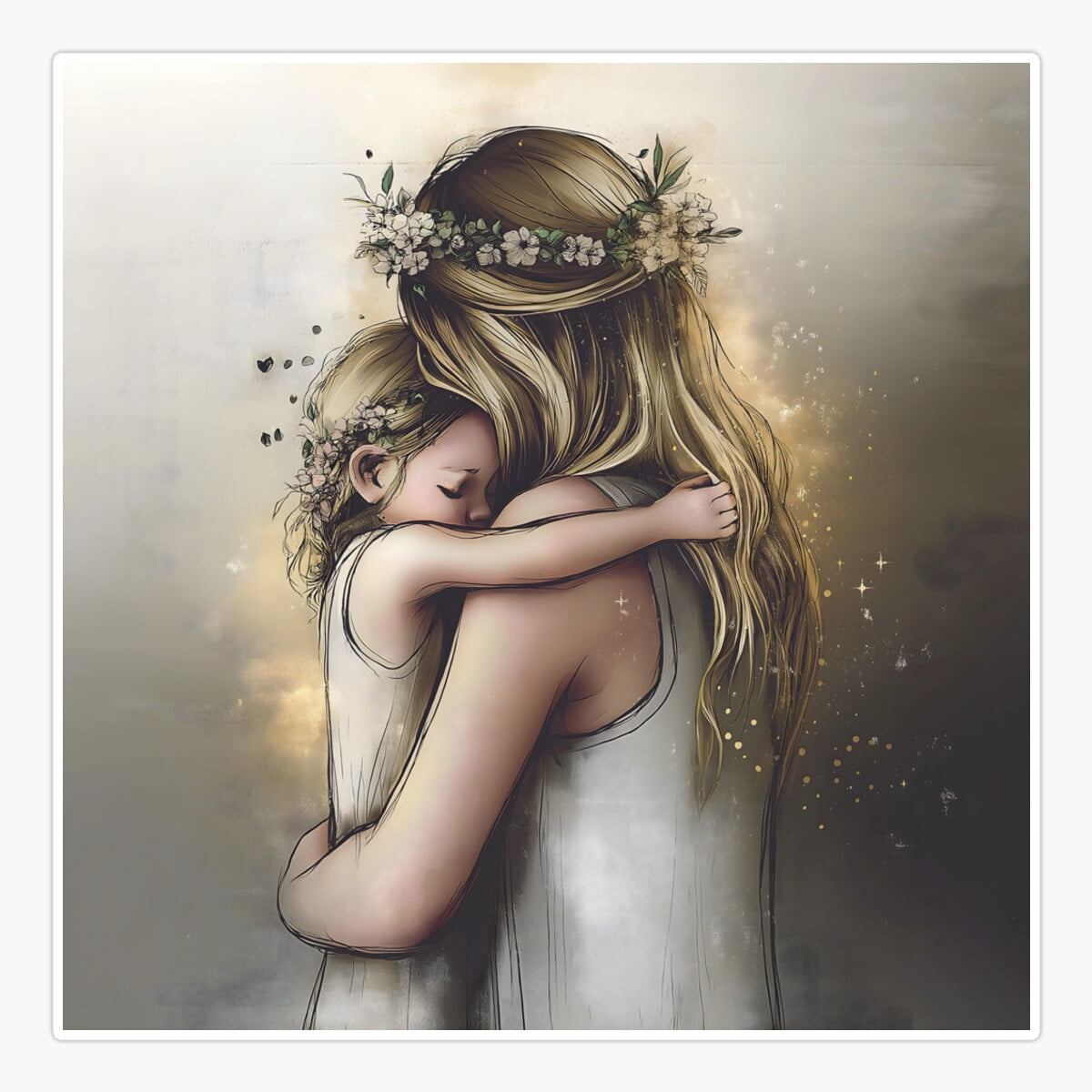 DOPASTICKER Heartwarming Mother And Daughter Hug Art Print Whimsical ...
