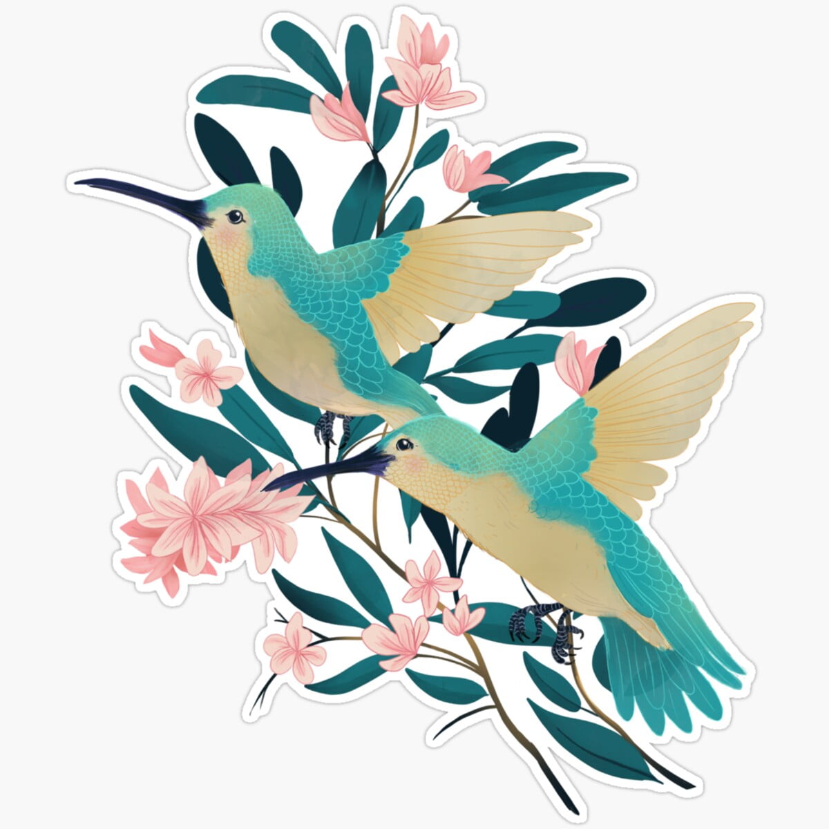 DOPASTICKER Hummingbirds And Floral Vine Pattern In Royal Blue Sticker ...