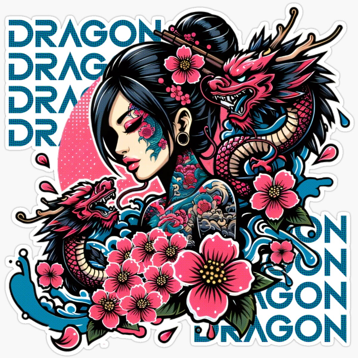 DOPASTICKER Inked Serenity: Woman And Dragon Sticker Decorative Laptop ...
