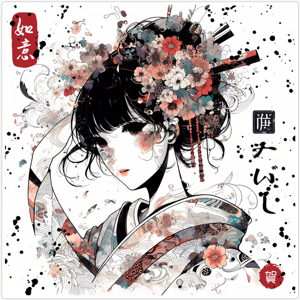 DOPASTICKER Japanese Beauty In Watercolor: Portrait With Kimono And ...