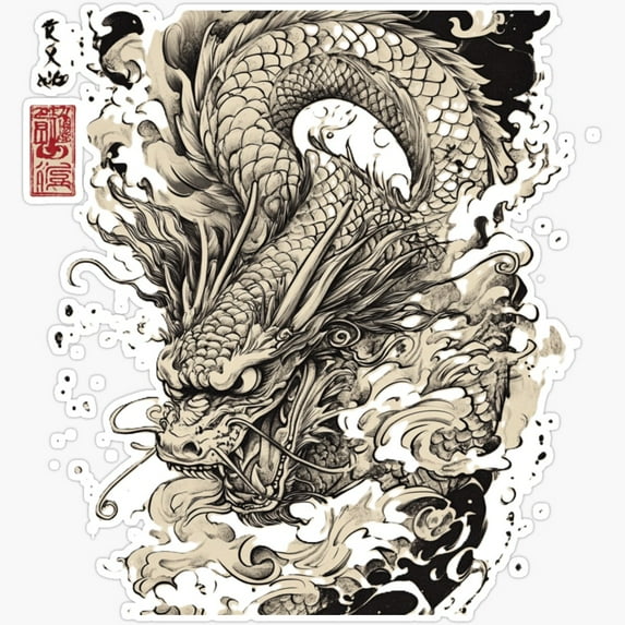 DOPASTICKER Japanese Mythological Dragon Black And White Sticker ...
