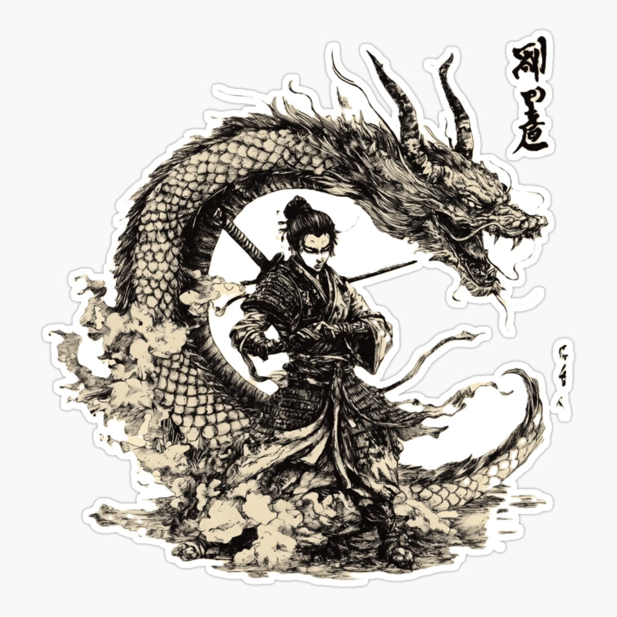 DOPASTICKER Japanese Mythology Samurai And Dragon Sticker, Phone ...