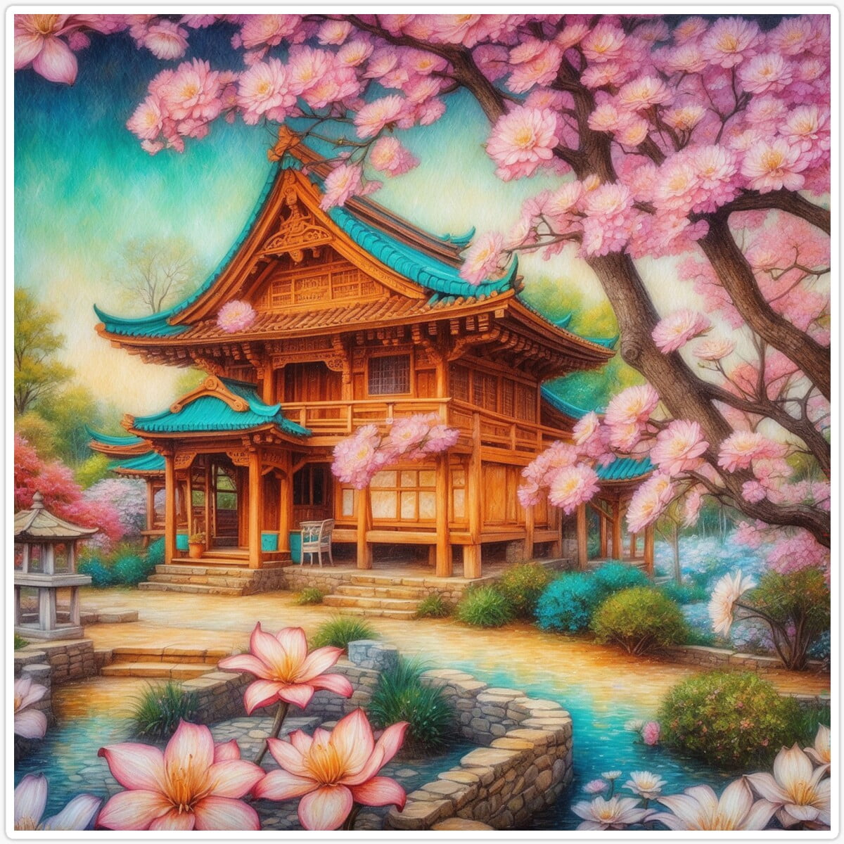 DOPASTICKER Japanese Pagoda In A Spring Garden, Hand Drawing Sticker ...