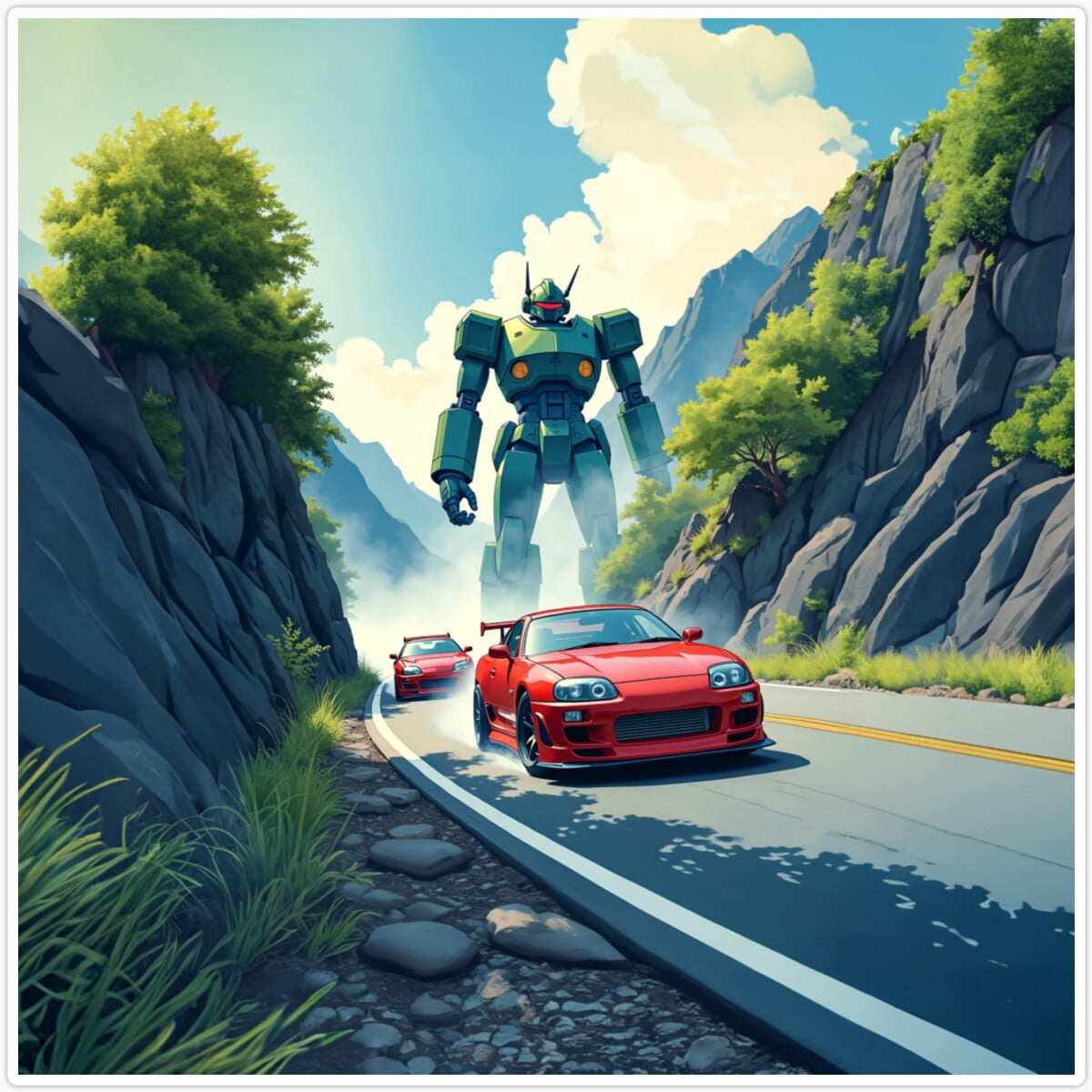 DOPASTICKER Japanese Race Cars Drifting Past A Giant Robot - Car ...