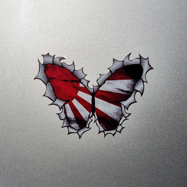 DOPASTICKER Japanese Rising Sun Flag Butterfly Ripped Metal Sticker For ...