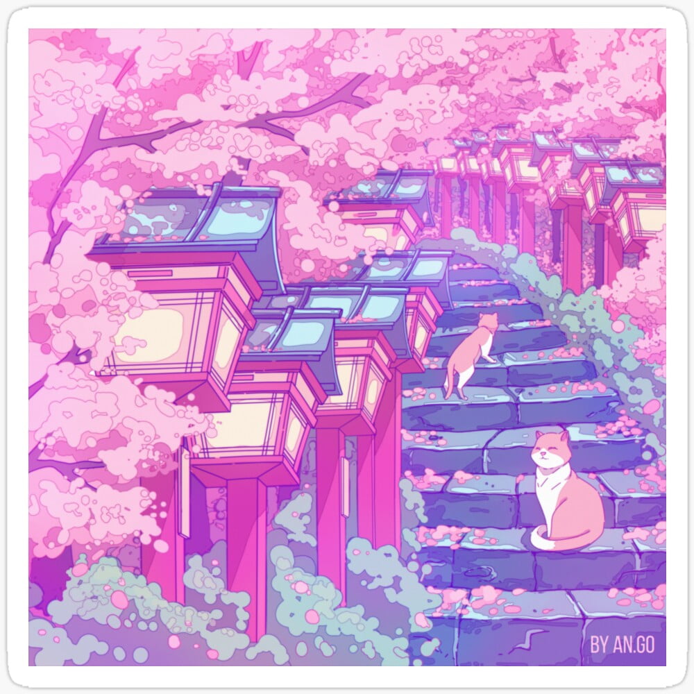 DOPASTICKER The Japanese Shrine, Cats And Pink Sakura Blossom (Soft ...