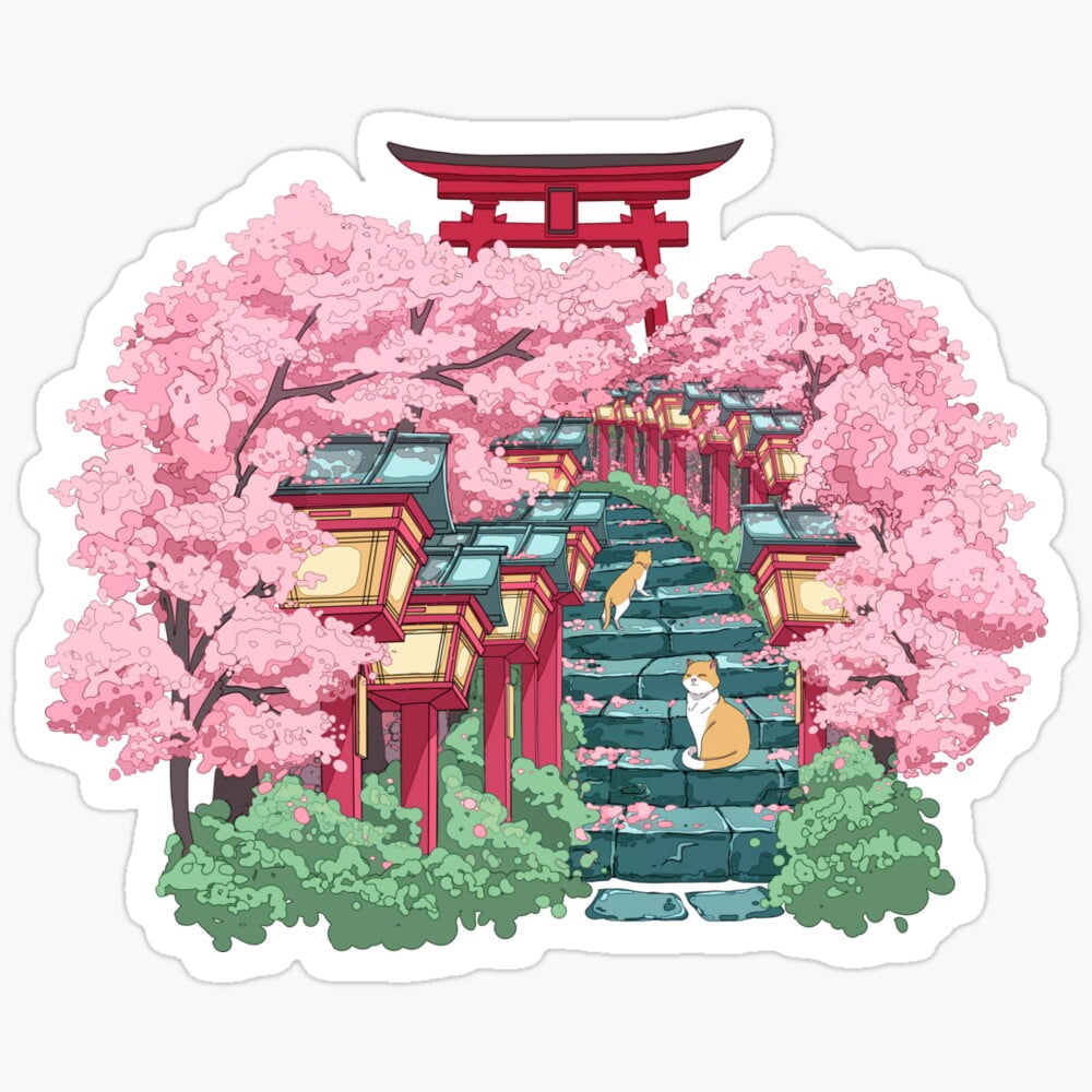 DOPASTICKER The Japanese Shrine, Cats And Pink Sakura Blossom Sticker ...