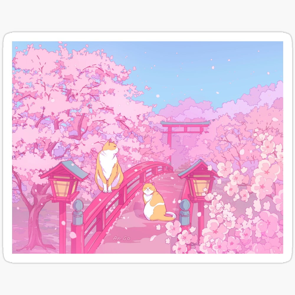 DOPASTICKER The Japanese Shrine, Cute Cats, And Pink Sakura Blossom ...