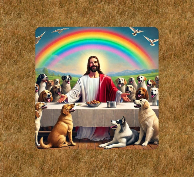 DOPASTICKER Jesus Greetings Dogs After Crossing Rainbow Bridge Sticker ...