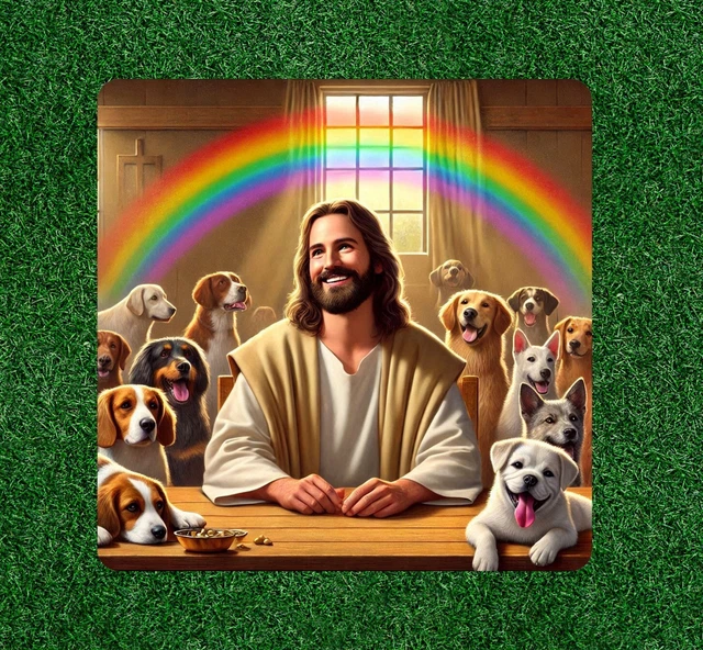 DOPASTICKER Jesus Greetings Dogs After Crossing Rainbow Bridge Sticker ...