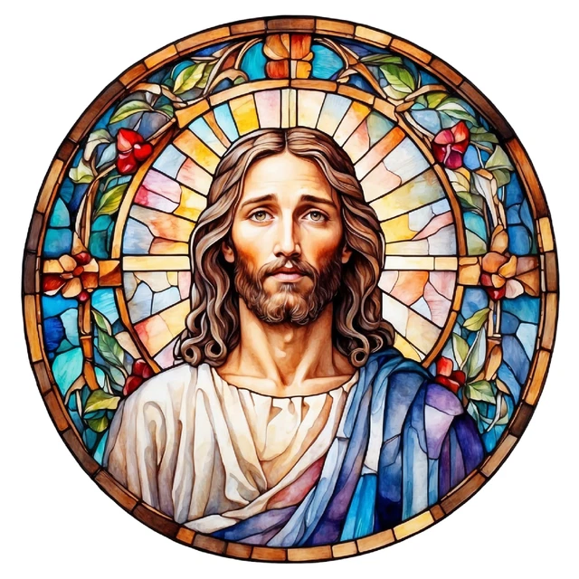 DOPASTICKER Jesus Round Sticker Colorful Stained Glass Style Vivid ...