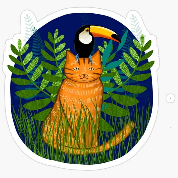 DOPASTICKER Jungle Ginger Cat And Toucan Sticker Phone Sticker, Latop ...