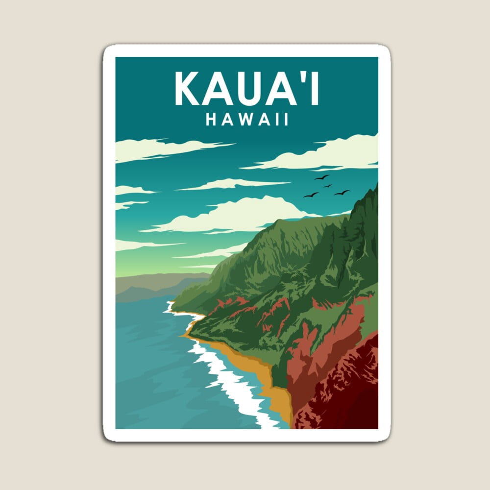 DOPASTICKER Kauai Hawaii Vintage Minimal Retro Travel Poster Decorative ...
