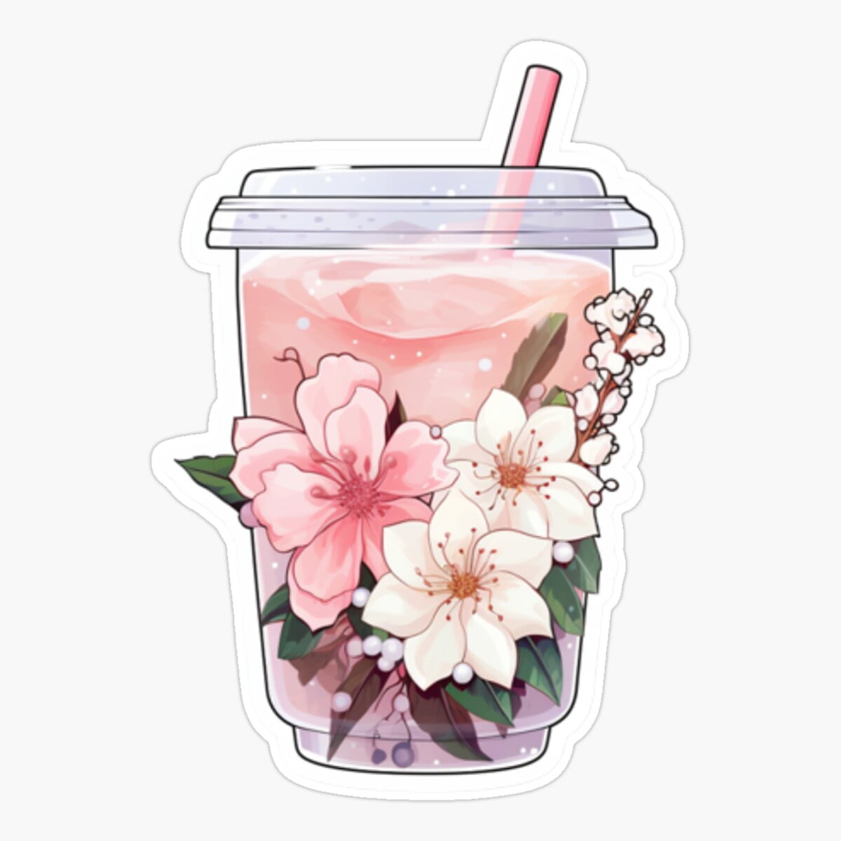 DOPASTICKER Kawaii Flower Pink Bubble Tea Sticker, Phone Sticker Car ...