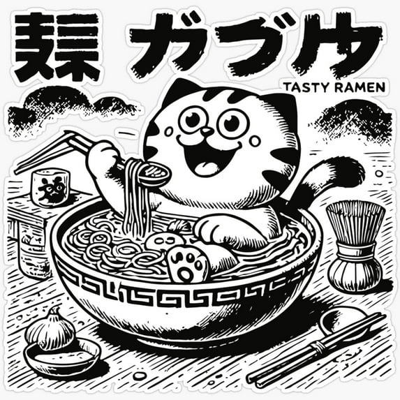 DOPASTICKER Kawaii Ramen Cat, Japanese Noodles Sticker Decorative ...