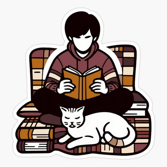 DOPASTICKER Kid & Cat Reading Sticker, Phone Sticker Water Bottle ...