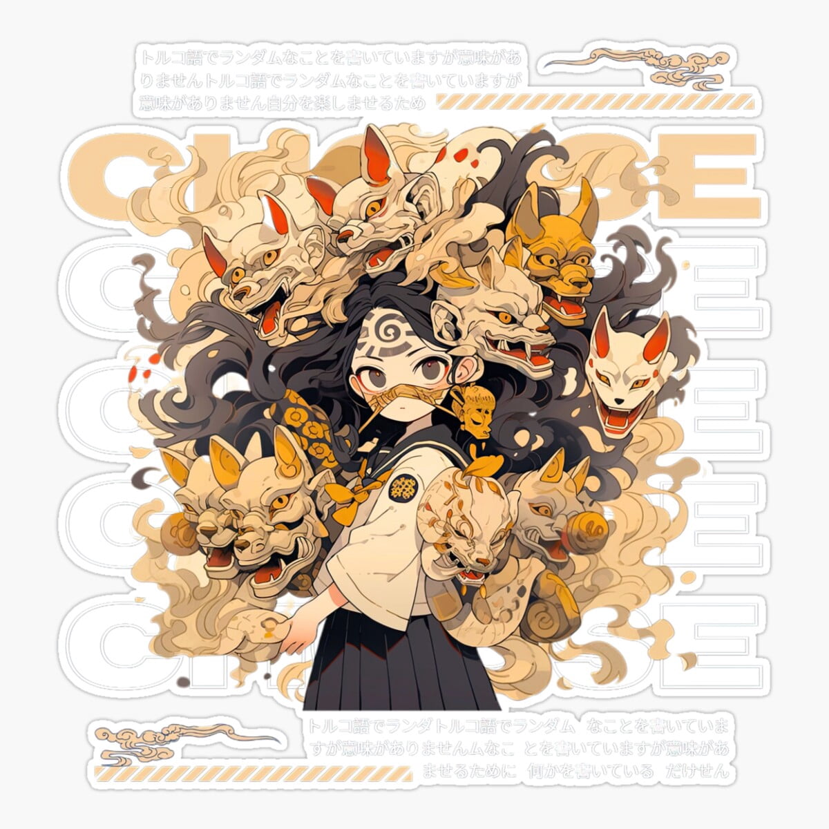 DOPASTICKER Kimono Girl With Masked Foxes Sticker, Phone Sticker Car ...