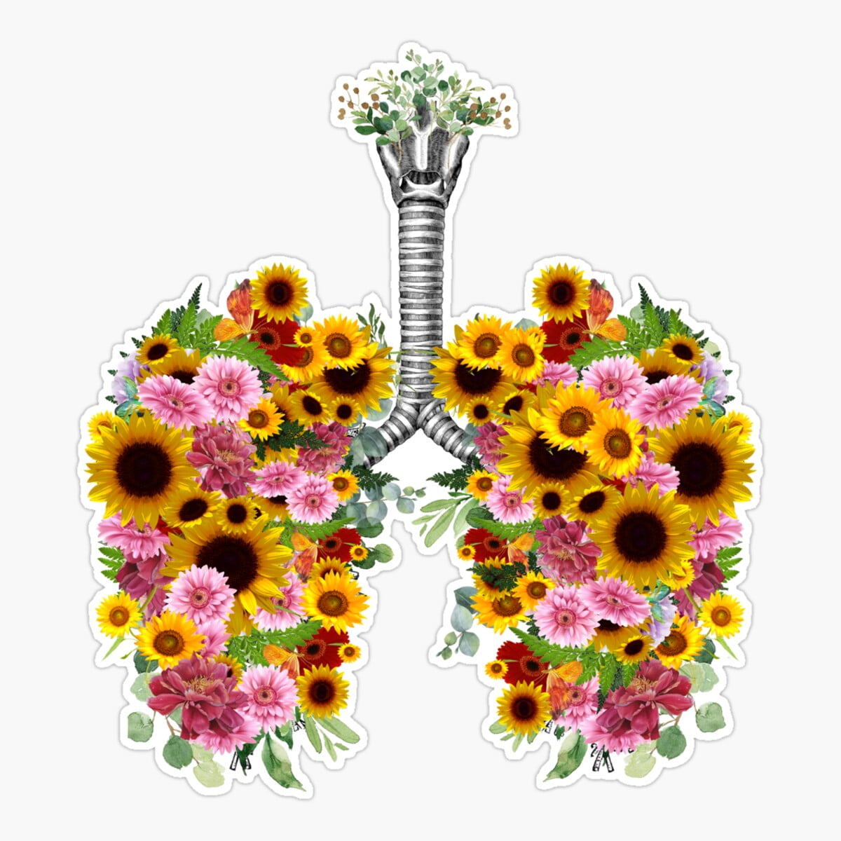 DOPASTICKER Lungs With Sunflowers And Pink Flowers, Lungs Cancer ...