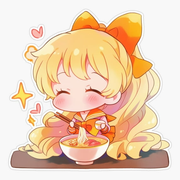 DOPASTICKER Manga Orange Ribbon Bow Girl Eating Ramen Sticker, Phone ...
