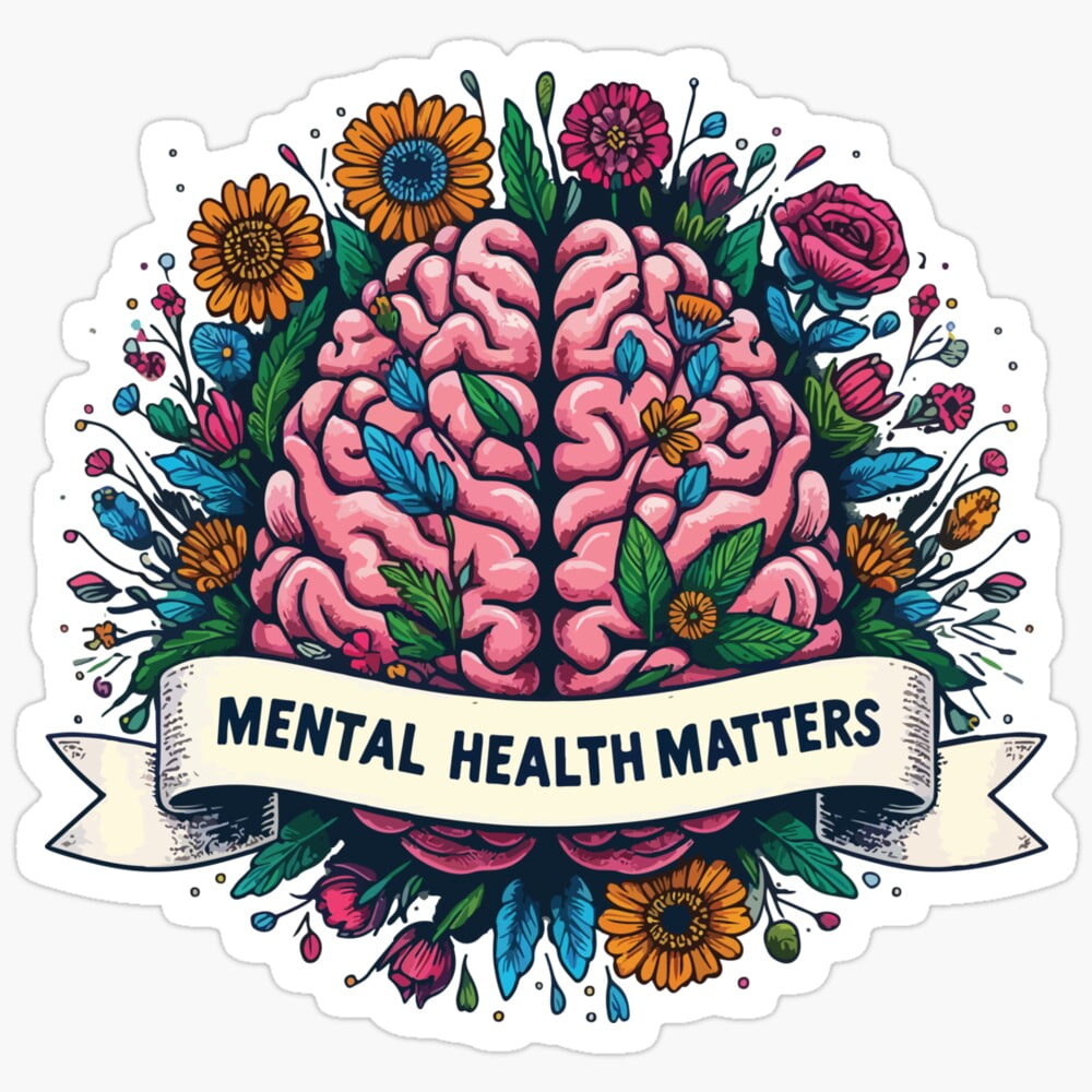 DOPASTICKER Men.Tal Health Matters Awareness Flowers Brain Gear Floral ...