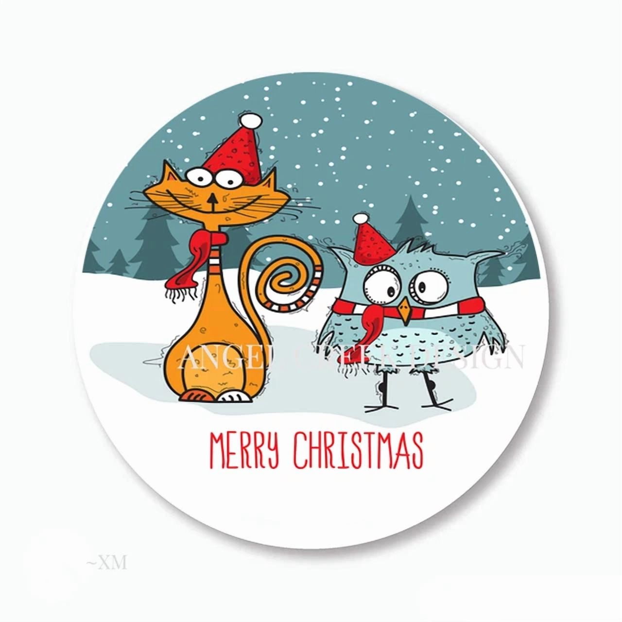 DOPASTICKER Merry Chri.Stm.As Cute Cat And Owl Holiday Stickers Phone ...
