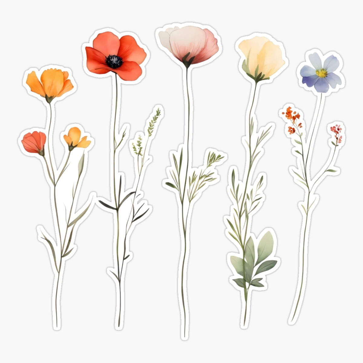 DOPASTICKER Minimalist Wildflowers, Botanical Art Sticker, Phone ...