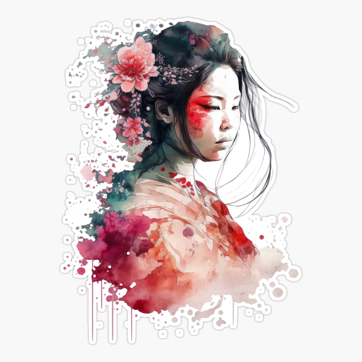 DOPASTICKER Mitsuko Beautiful Geisha Girl Water Colour Sticker, Phone ...
