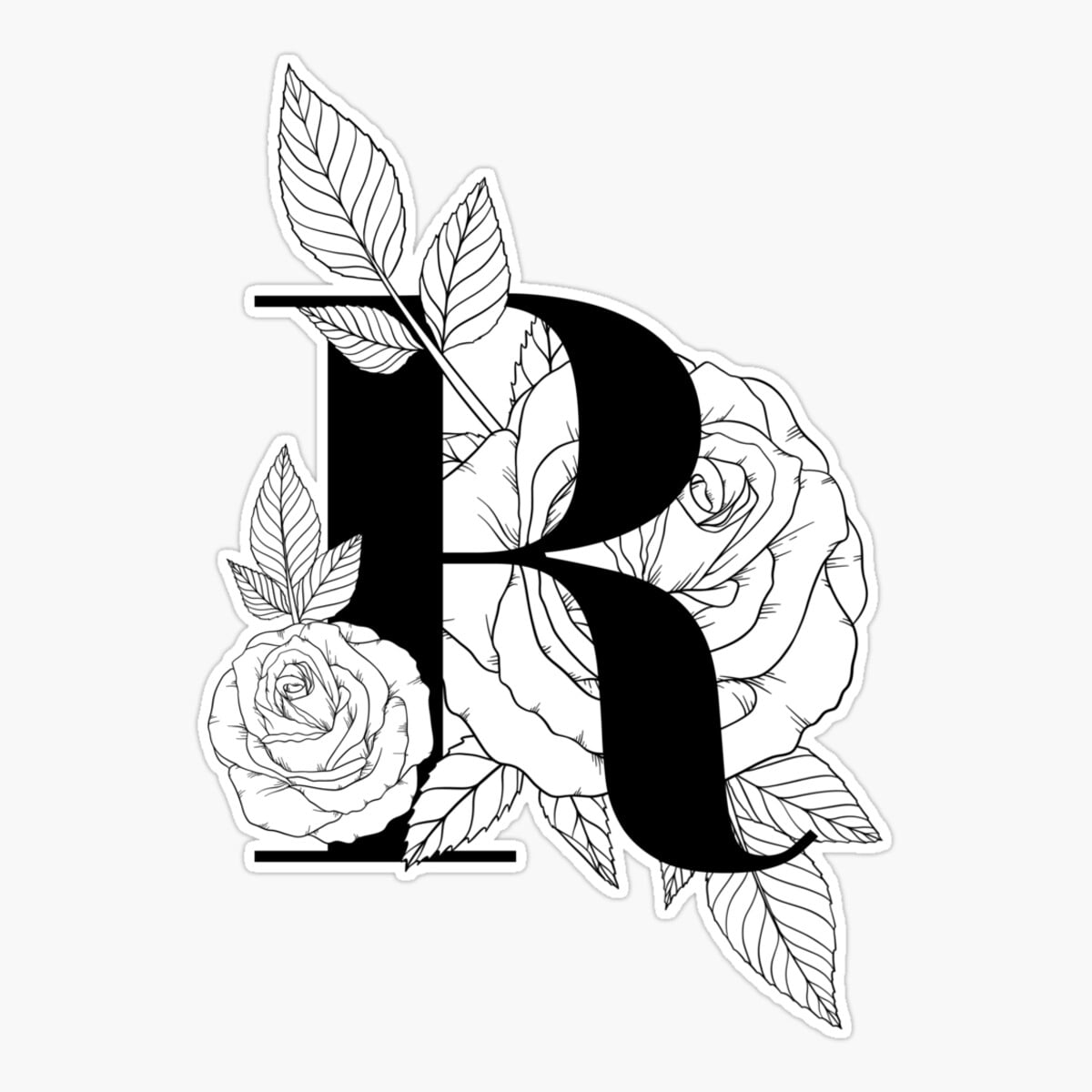 DOPASTICKER Monogram Letter R With Rose Line Art Sticker, Phone Sticker ...