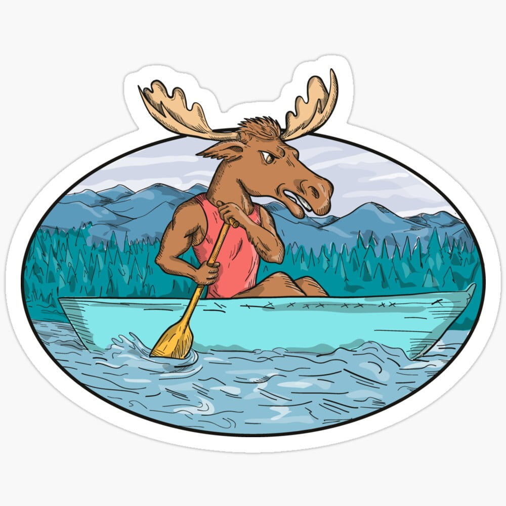 DOPASTICKER Moose Paddling Canoe Drawing Oval Sticker Phone Decal Water ...