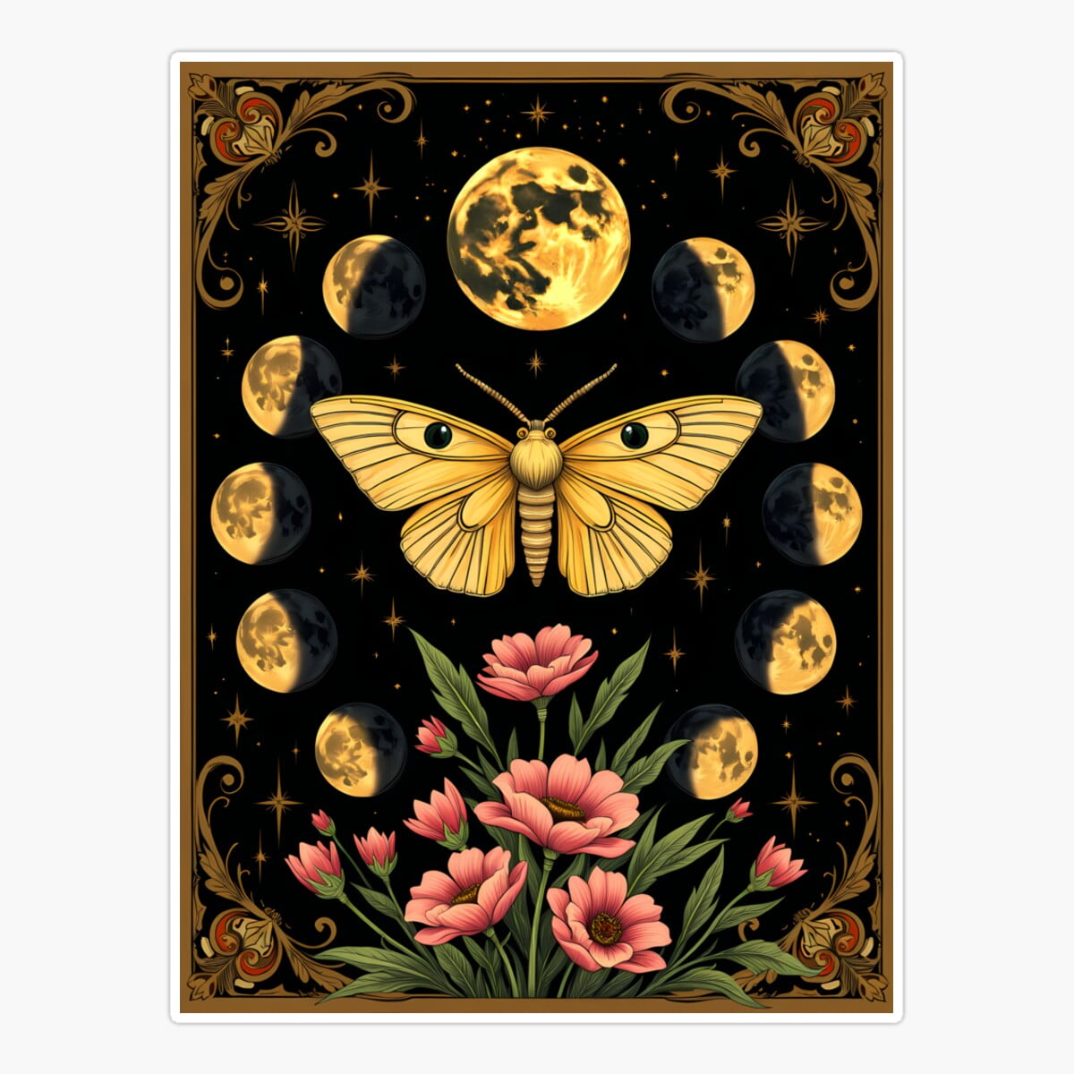 DOPASTICKER Moth, Lunar Phases And Pink Wild Flowers - Dark Academia ...