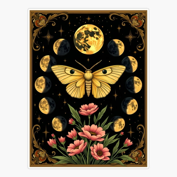 DOPASTICKER Moth, Lunar Phases And Pink Wild Flowers - Dark Academia ...