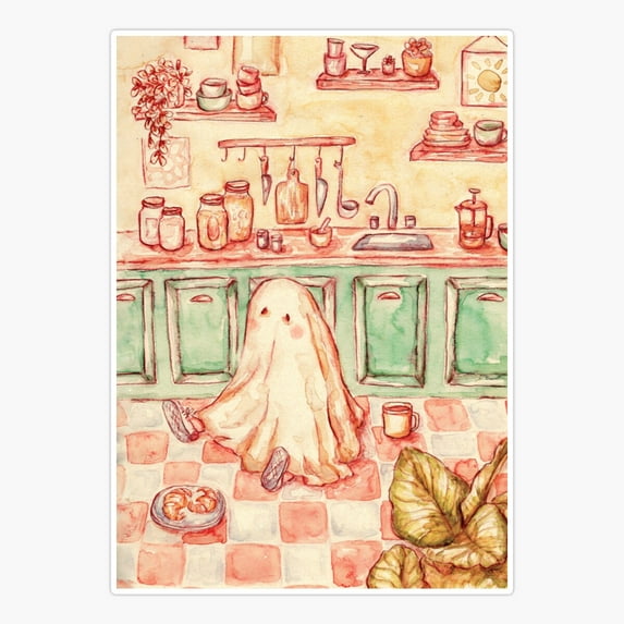 DOPASTICKER Mourning Morning - Sad Ghost In Kitchen Drinking Coffee ...
