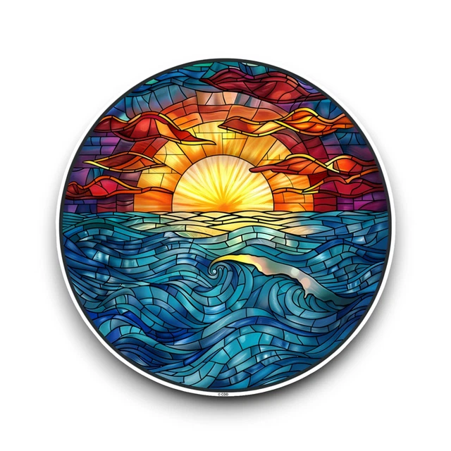 DOPASTICKER Ocean Landscape Stained Glass Style Window Design Opaque ...