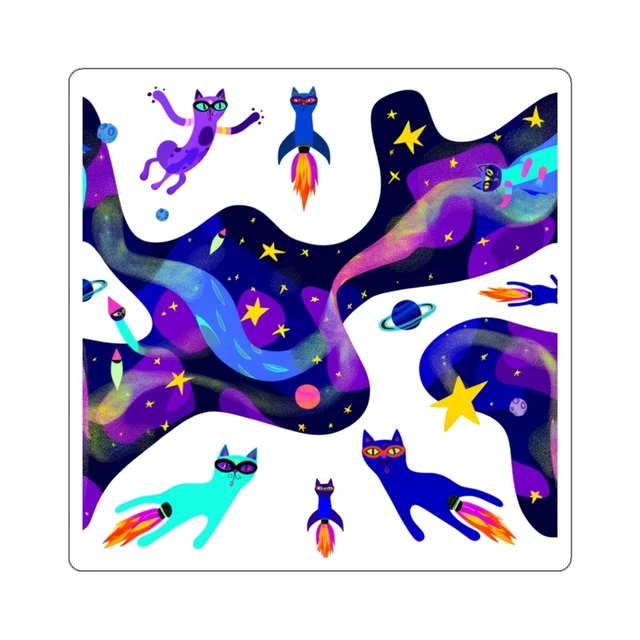 DOPASTICKER Outer Space Cat Adventure Surreal Celestial Atomic Cute ...
