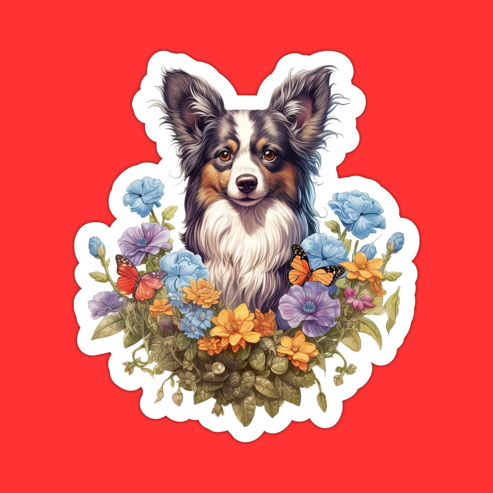 DOPASTICKER Papillon Dog Sticker, Butterfly Ears, Blue Morning Glories ...