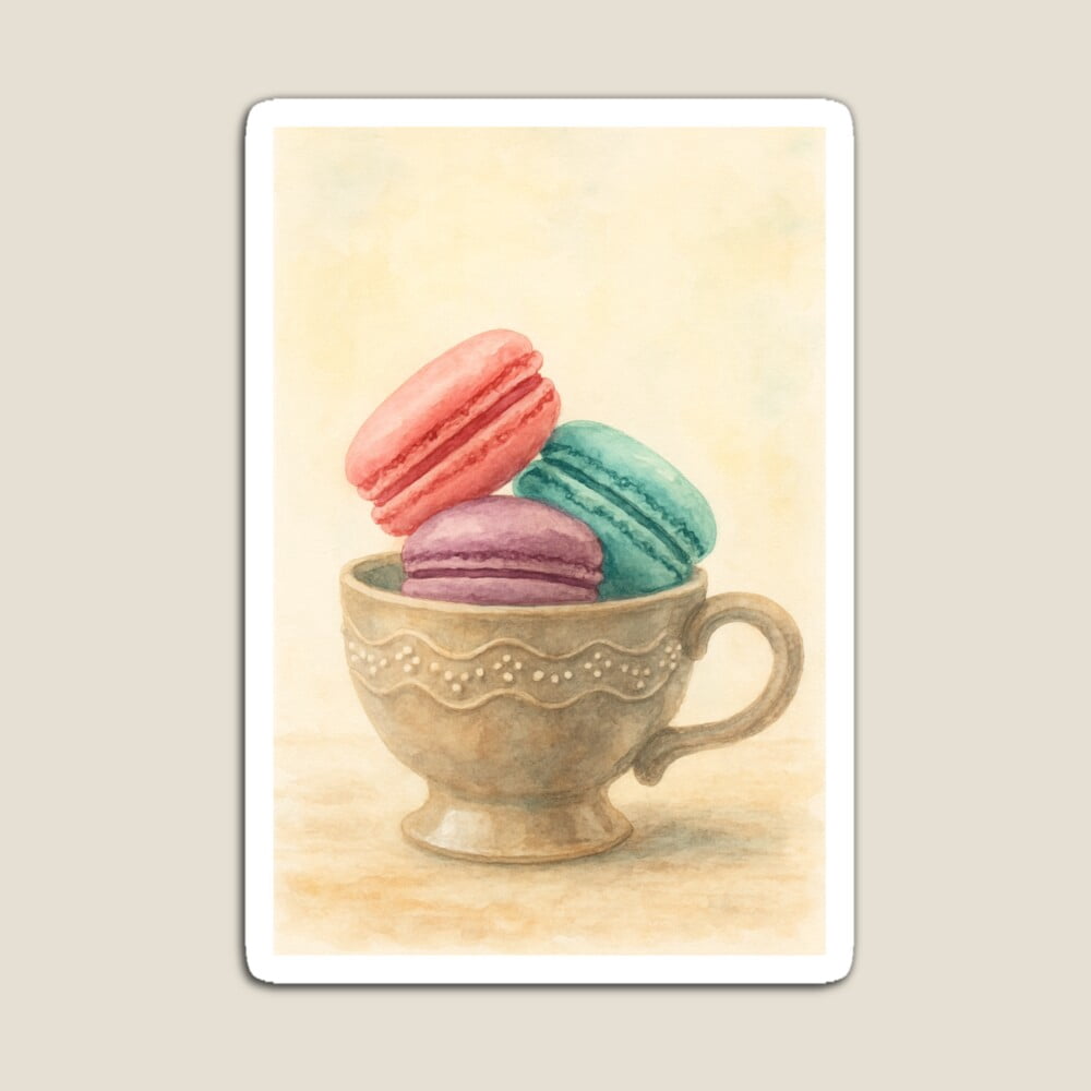 DOPASTICKER Pastel Macarons In A Vintage Teacup Wrcolor Style Sticker ...
