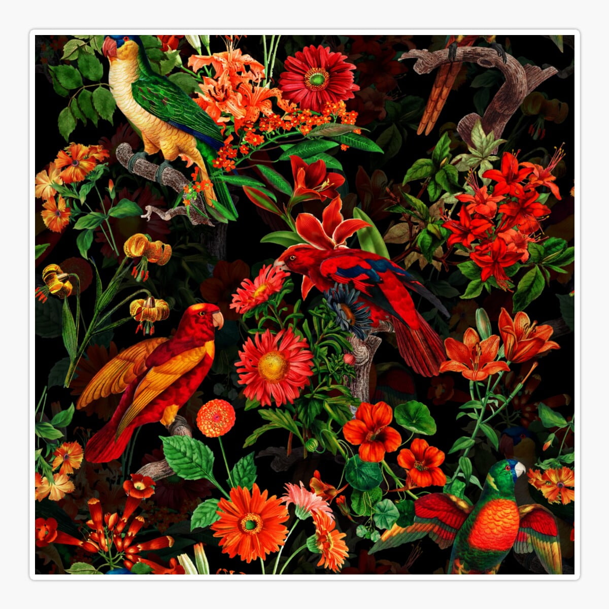 DOPASTICKER Pierre Joseph Redoute Tropical Vintage Flowers And Parrots ...