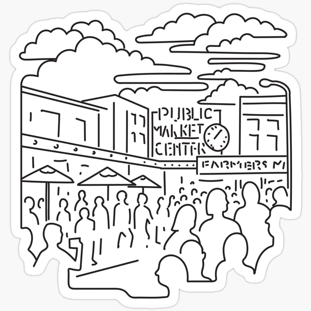 DOPASTICKER Pike Place Market In Downtown Seattle Usa Mono Line Art ...