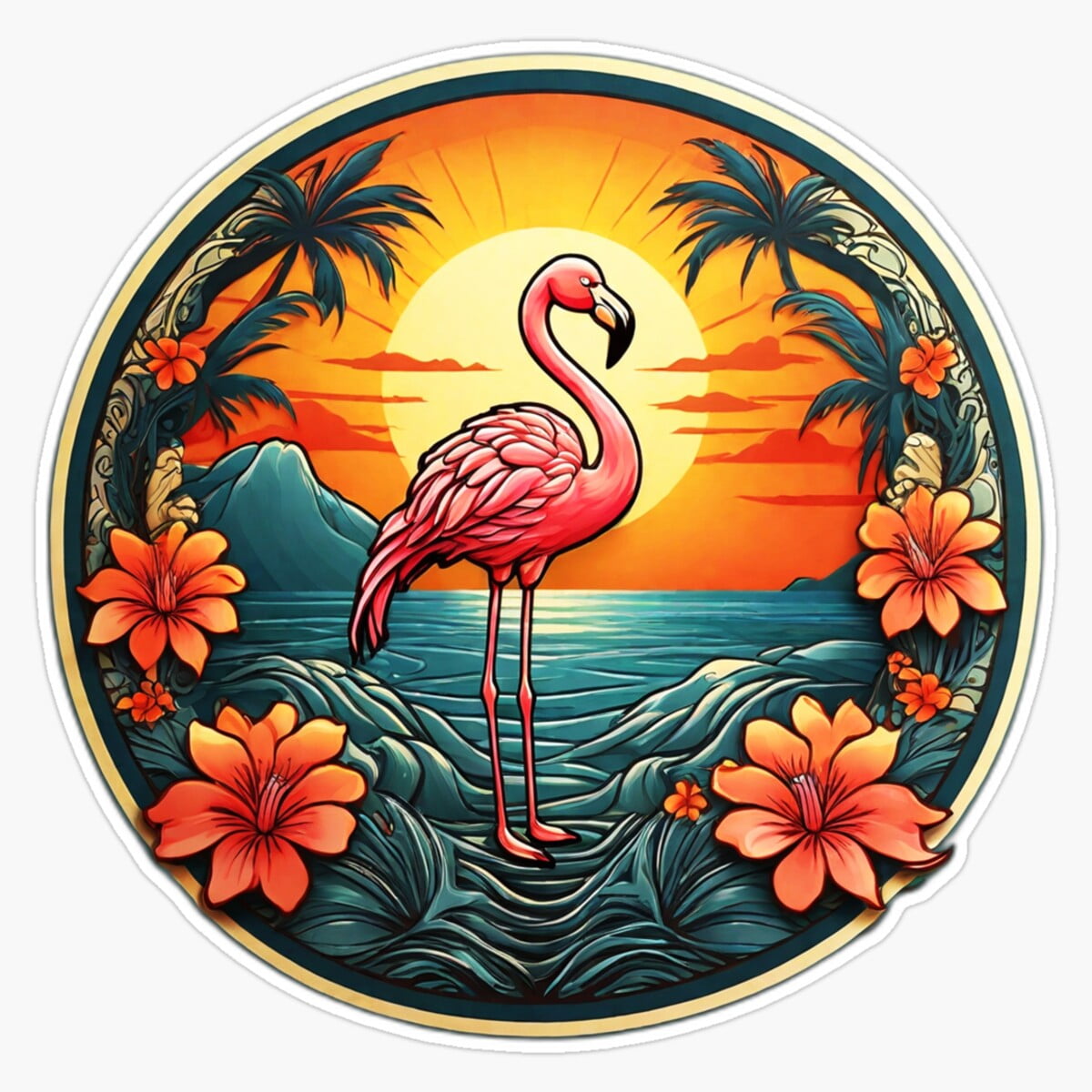 DOPASTICKER Pink Flamingo By The Ocean With Hawaii Flowers Sticker ...