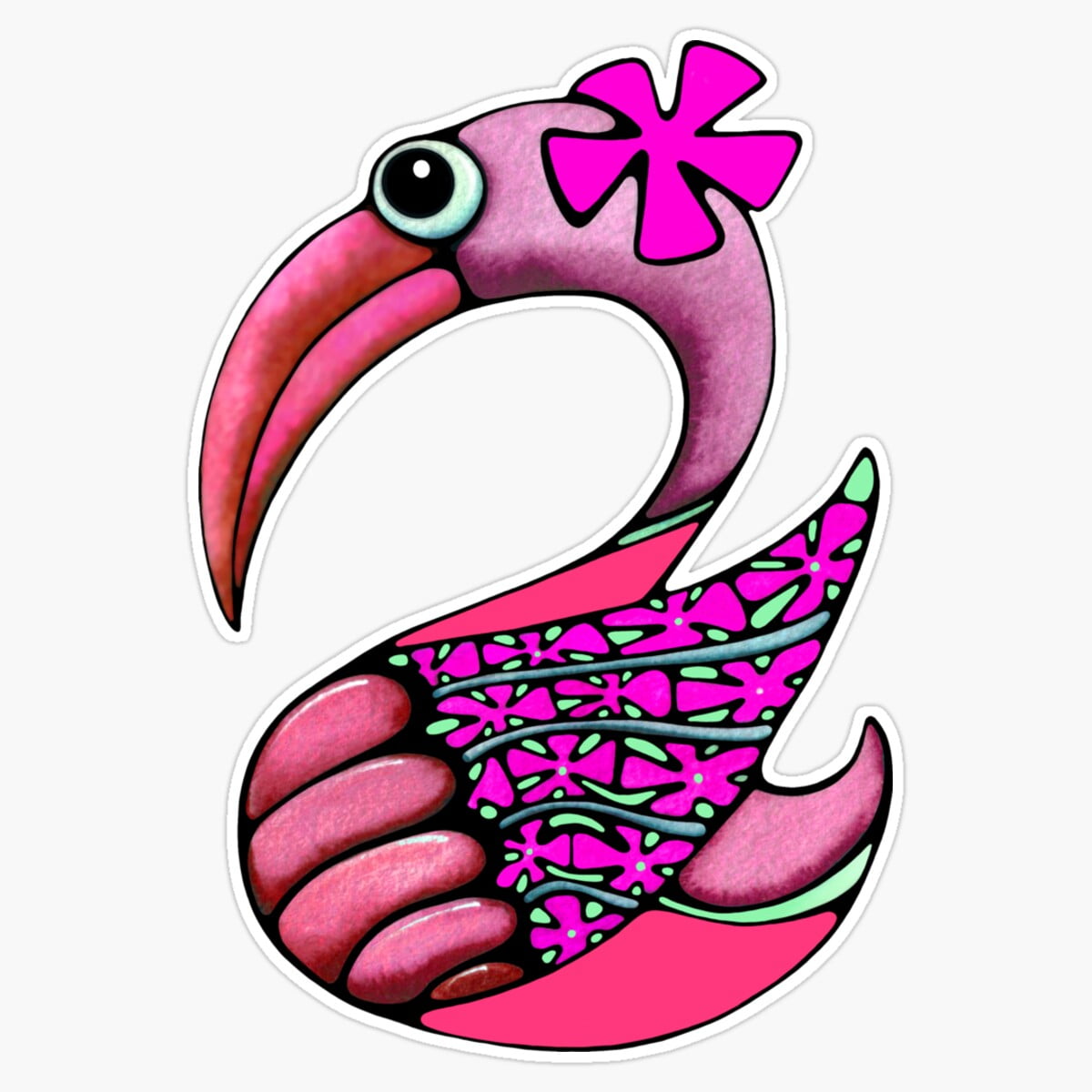 DOPASTICKER Pink Flamingo Whimsical Tropical Art Sticker By Hollyvision ...