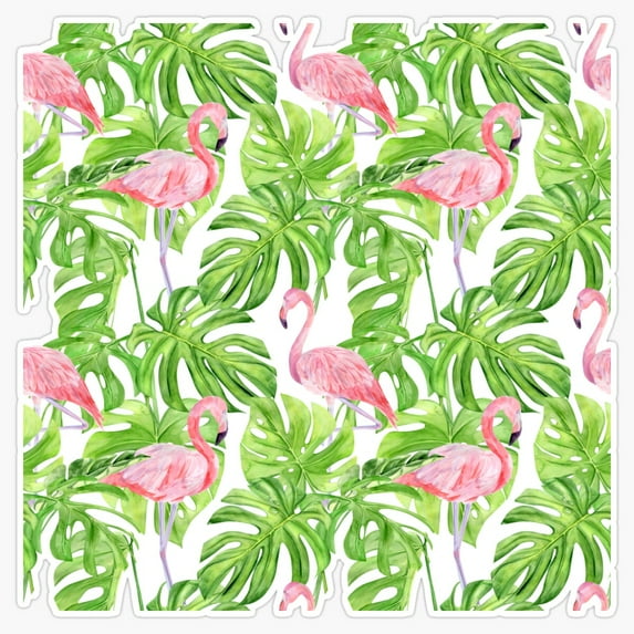 DOPASTICKER Pink Flamingos In Green Tropical Leaves Sticker, Phone ...